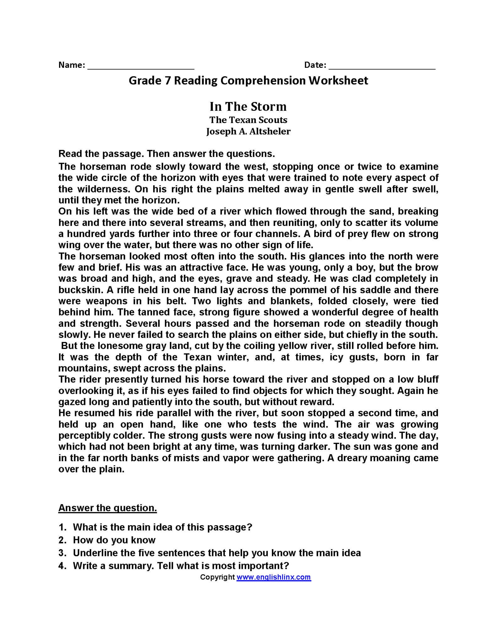 Seventh Grade Reading Comprehension Worksheets - Printable Template Free